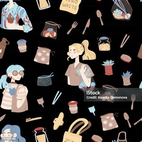 손으로 그린 제로 폐기물 벡터 설계 매끄러운 패턴 일러스트레이션 가방에 대한 스톡 벡터 아트 및 기타 이미지 가방 개념 건강한 생활방식 Istock