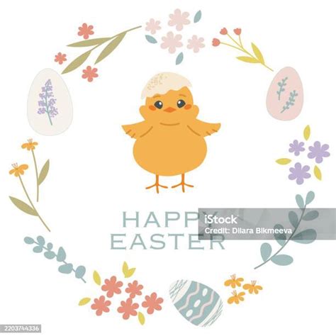 행복한 부활절 프레임 복사 공간이있는 테두리 병아리 달걀 꽃 현대적인 플랫 스타일 디자인 파스텔 색상 포스터 카드 스크랩북 스티커 0명에 대한 스톡 벡터 아트 및 기타