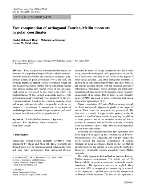 Pdf Fast Computation Of Orthogonal Fourier Mellin Moments In Polar Coordinates