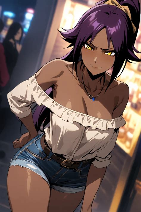 Anime Girl With Purple Hair And Blue Shorts In A City（shihouin Yoruichi