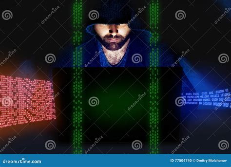 Man Working At Computer In Dark Room Internet Security Concept Stock