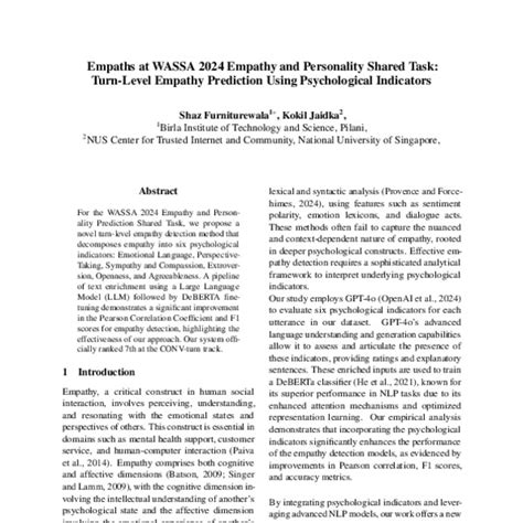 Empaths At Wassa 2024 Empathy And Personality Shared Task Turn Level Empathy Prediction Using