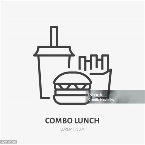 콤보 점심 플랫 라인 아이콘입니다 패스트 푸드 카페 로고의 벡터 얇은 부호 레스토랑 메뉴 햄버거 소 다와 감자 튀김 그림 햄버거 류에 대한 스톡 벡터 아트 및 기타 이미지