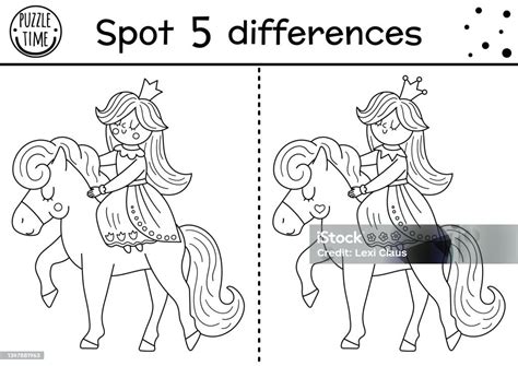 흑백은 아이들을위한 차이 게임을 찾을 수 있습니다 귀여운 공주와 거울 동화 교육 활동 아이들을위한 마법의 왕국 퍼즐 동화 인쇄