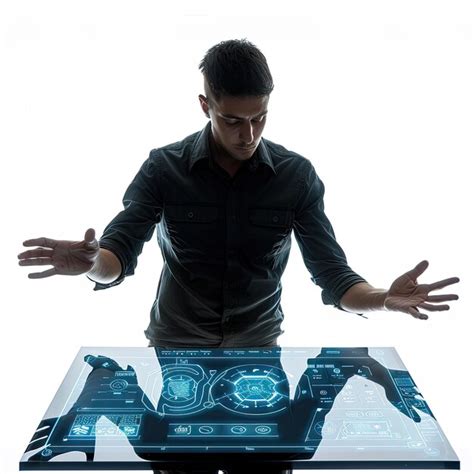 A Man Using Gesturecontrolled Interfaces And Touchscreens To Interact With Digital Displays In A