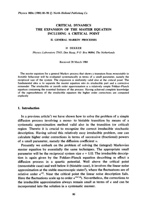 Pdf Critical Dynamics The Expansion Of The Master Equation Including