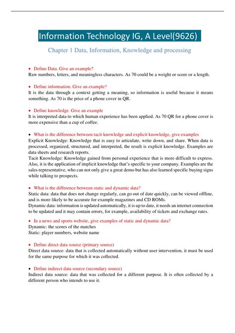 Summary Notes For Information Technology 9626 Cambridge International As And A Chapter1 Data