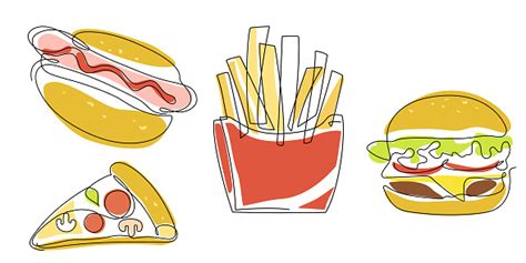 패스트 푸드의 연속 선 그리기 햄버거 핫도그 및 감자 튀김을 선화 그리기 스타일로 만듭니다 테이크 아웃 음식 길거리 음식 메뉴 배너 포스터에 대한 선형 색상 스케치 벡터