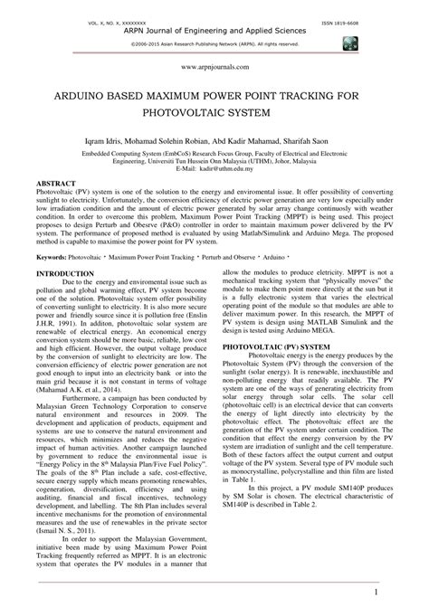 Pdf Arduino Based Maximum Power Point Tracking For Photovoltaic System