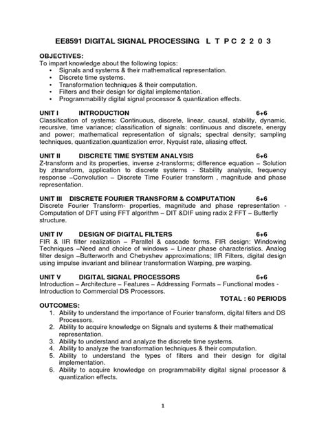 Ee8591 Digital Signal Processing Syllabus Download Free Pdf