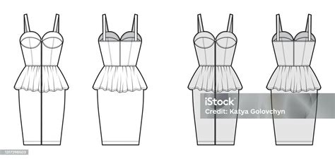 지퍼 업 페플럼 뷔스티에 드레스 기술 패션 일러스트와 민소매 컵 몸에 맞는 무릎 길이 스커트 플랫 0명에 대한 스톡 벡터 아트 및 기타 이미지 Istock