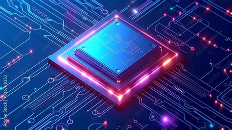 Futuristic Microchip Processor With Lights On The Blue Background