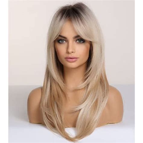 Haircube 금발 가발 긴 곱슬 가발 어깨 길이 앞머리가 있는 여성용 내열성 합성 가발 랜드마크