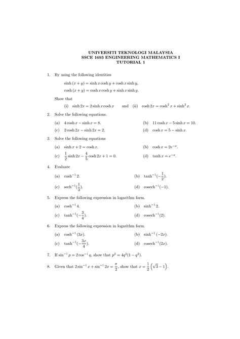 Tutorial 1 Ssce1693 Engineering Mathematics Universiti Teknologi Malaysia Ssce 1693