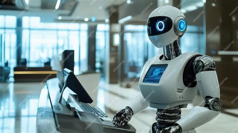 Humanoid Robot Working At Reception Desk In Modern Office Premium Ai Generated Image