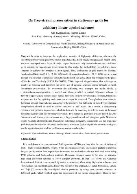 Pdf On Free Stream Preservation In Stationary Grids For Arbitrary Linear Upwind Schemes