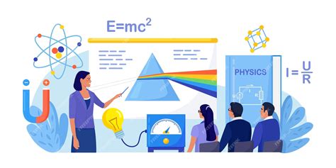 물리학 학교 과목 교실에서 프리즘을 통해 색상 분산을 연구하는 학생 과학자는 전기 광파력을 탐구 칠판을 가르키는 교사 학생들에게 실험 실험 프리미엄 벡터