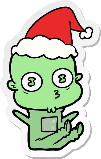 산타 모자를 쓴 이상한 대머리 우주인의 손으로 그린 스티커 만화 귀여운에 대한 스톡 벡터 아트 및 기타 이미지 귀여운 기이함 낙서 드로잉 Istock