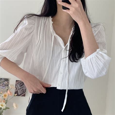 리아데 핀턱 블라우스 넥 리본 타이 블라우스 흰색 베이지 끈 블라우스 데이트룩