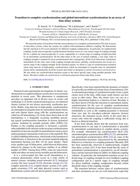 pdf transition to complete synchronization and global intermittent