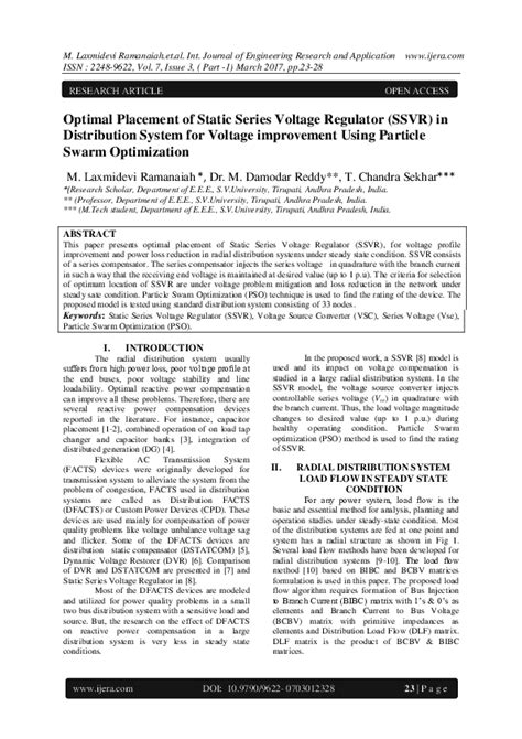 Pdf Optimal Placement Of Static Series Voltage Regulator Ssvr In