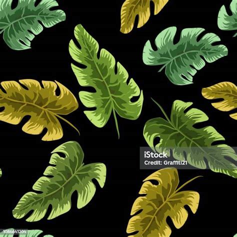 녹색 열 대와 자연 스러운 완벽 한 패턴은 또는 정글 식물의 이국적인 단풍 흩어져 하와이 배경 막 색깔의 포장지를 위한 식물 벡터 일러스트 레이 션 0명에 대한 스톡 벡터