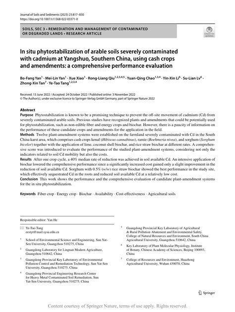 In Situ Phytostabilization Of Arable Soils Severely Contaminated With Cadmium At Yangshuo