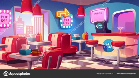 Retro Cafe American Diner Interior Tables Red Sofas Counter Cashbox Stock Vector By Klyaksun