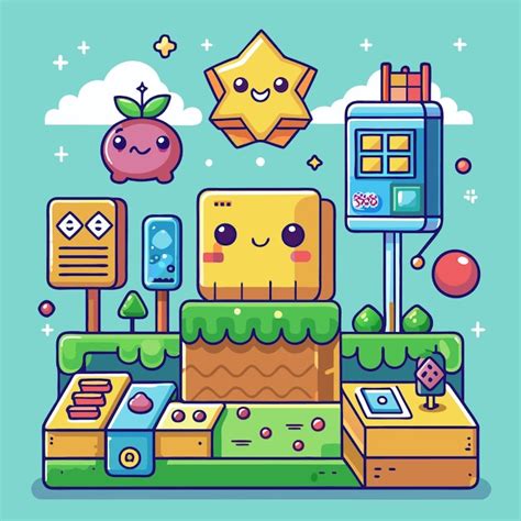 Cute Cartoon Game Characters On A Platform With Green Grass Premium Ai Generated Vector