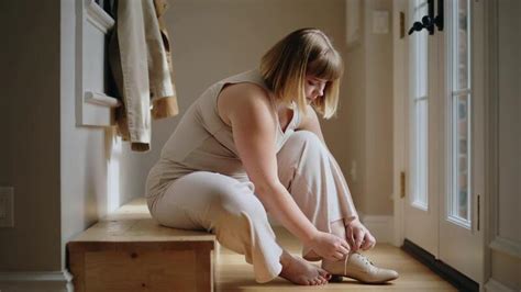 Woman Sits On Bench Tying Her Shoes In A Bright Entryway During The Day