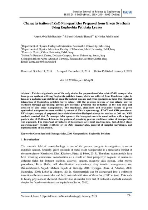 Pdf Characterization Of Zno Nanoparticles Prepared From Green