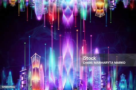 어두운 배경에 홀로그램 스마트 시티 나이트 네온 빅 데이터 전송 기술 개념 3d 렌더링 3d 일러스트레이션 3차원 형태에 대한 스톡 사진 및 기타 이미지 Istock