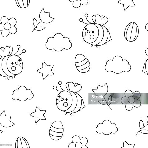 벡터 흑백 Kawaii 부활절 또는 봄 완벽 한 패턴입니다 귀여운 만화 반복 배경 색칠 공부 페이지 전통적인 기호 디지털 종이 색깔 계란 땅벌 0명에 대한 스톡 벡터 아트