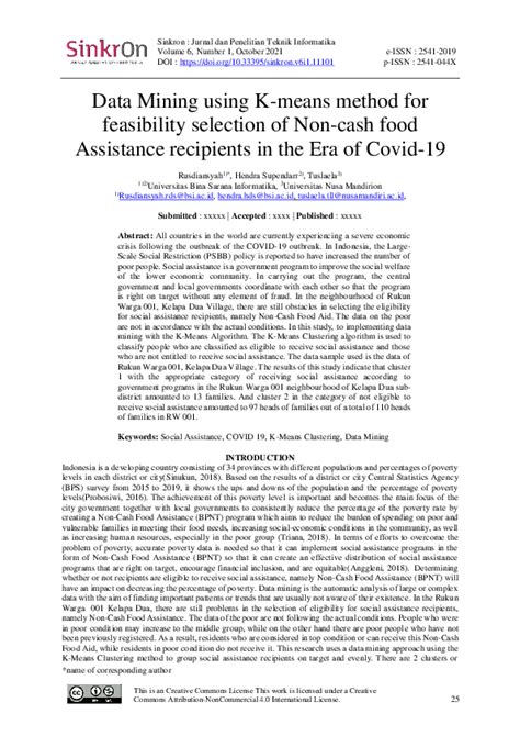 Pdf Data Mining Using K Means Method For Feasibility Selection Of Non Cash Food Assistance