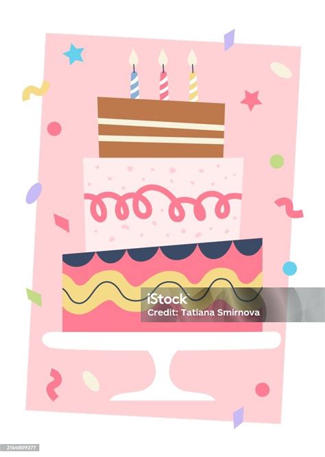 생일 축하 인사말 카드 촛불을 사용한 귀여운 화려한 파티 케이크 벡터 일러스트 레이 션 템플릿 0명에 대한 스톡 벡터 아트 및 기타 이미지 Istock