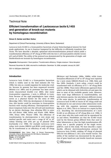 Efficient Transformation Of Lactococcus Lactis Il1403 And Generation Of