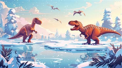 Prehistoric Landscape With Dinosaurs In The Ice Age Cold In The Arctic Winter Annihilates
