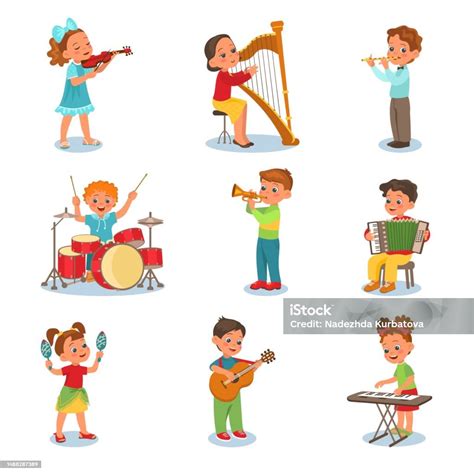 악기를 연주하는 아이들 작은 음악가 바이올린을 가진 소년 소녀들 뮤지컬 공연 하프 또는 아코디언 연주자 오케스트라 콘서트 드럼과 기타 스플렌디드 벡터 세트 아이에 대한 스톡