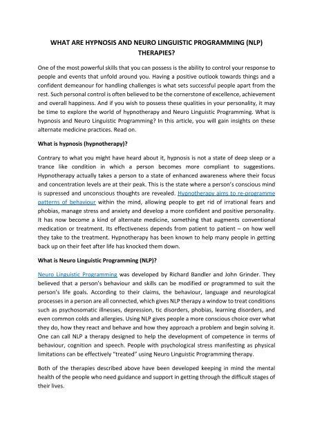 what are hypnosis and neuro linguistic programming nlp therapies