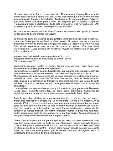 Reporte De Lectura El Encuentro Del Gran Moctezuma Y El Conquistador Pdf Hernán Cortés