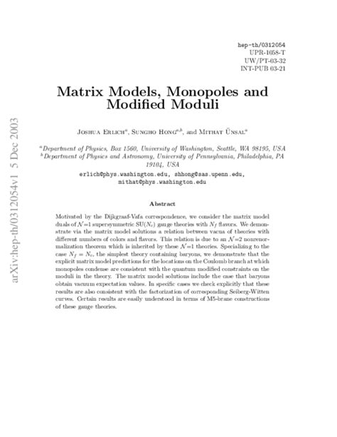 Pdf Matrix Models Monopoles And Modified Moduli Joshua Erlich
