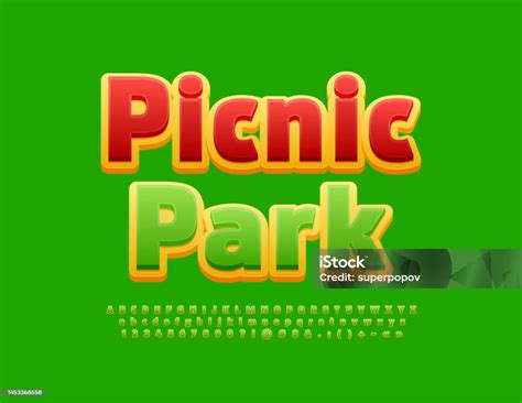 벡터 크리에이 티브 포스터 피크닉 공원입니다 녹색과 노란색 알파벳 문자 숫자 및 기호 세트 건강한 식생활에 대한 스톡 벡터 아트 및 기타 이미지 Istock