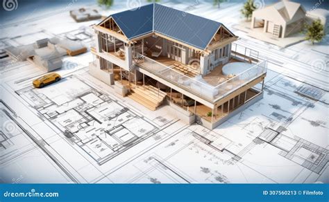 Vision Of Architecture Of A 3d Model House Project With Blueprint Stock Illustration