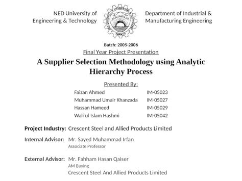 Ppt A Supplier Selection Methodology Using Ahp Project Presentation