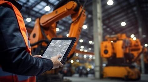 Engineer Programming Robotic Arm Through Tablet Pc In Industry Premium Ai Generated Image