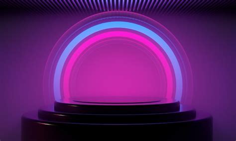 미래의 사이버 펑크 도시 게임 벽지 공상 과학 무대 받침대 배경의 3d 그림 렌더링 E스포츠 게이머 대 네온 광선의 배너 기호 프리미엄 사진