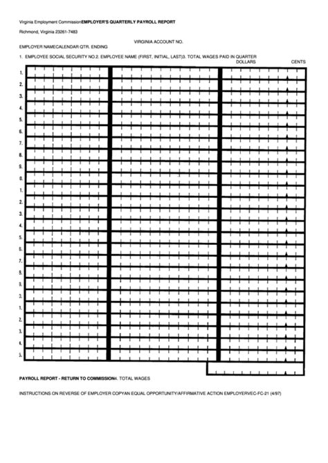 Form Vec Fc 21 Employers Quarterly Payroll Report Printable Pdf Download