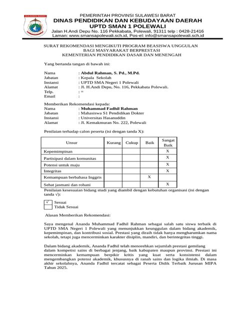 Surat Rekomendasi Siswa Berprestasi Pdf