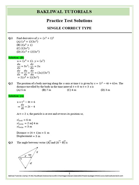 Practice Test Solutions Vectors Kinematics Nlm Friction Calculus Pdf