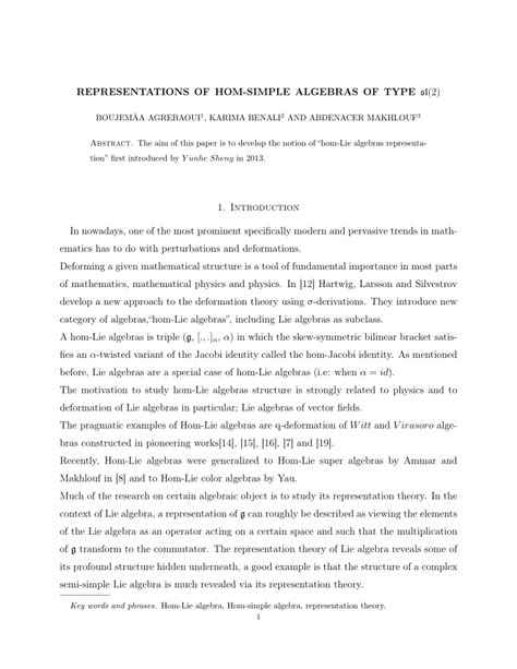 Pdf Representations Of Simple Hom Lie Algebras